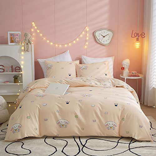 STACYPIK Girl Duvet Cover Twin Cup Rabbit Print Kawaii Soft Bedding Duvet Cover Set-Solid Pale Pink 100% Cotton Comforter Cover Bedding Collections Cute Animal for Kids Teen Women with Zipper Ties