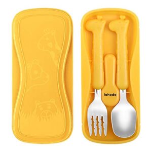 toddler utensils kids spoon and fork set 18/8 stainless steel silverware bpa free cute giraffe child flatware with travel case for age 3+