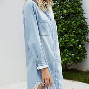 Zilcremo Women Denim Shirt Dresses Long Sleeve Distressed Jean Dress Button Down Casual Tunic Top Lightblue S