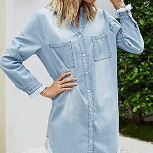 Zilcremo Women Denim Shirt Dresses Long Sleeve Distressed Jean Dress Button Down Casual Tunic Top Lightblue S