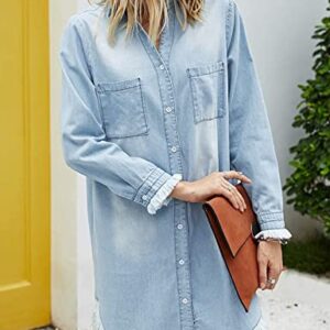 Zilcremo Women Denim Shirt Dresses Long Sleeve Distressed Jean Dress Button Down Casual Tunic Top Lightblue S