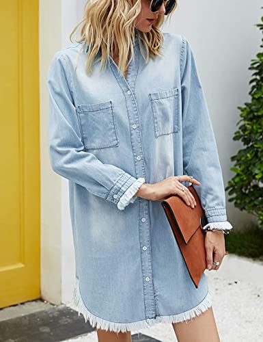 Zilcremo Women Denim Shirt Dresses Long Sleeve Distressed Jean Dress Button Down Casual Tunic Top Lightblue S