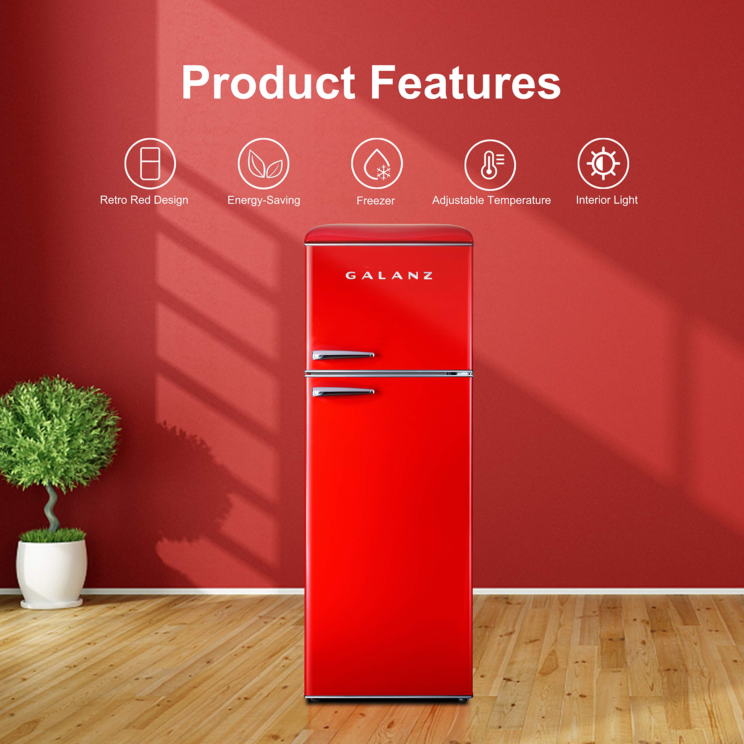 Galanz GLR12TRDEFR Refrigerator, Dual Door Fridge, Adjustable Electrical Thermostat Control with Top Mount Freezer Compartment, Retro Red, 12.0 Cu Ft