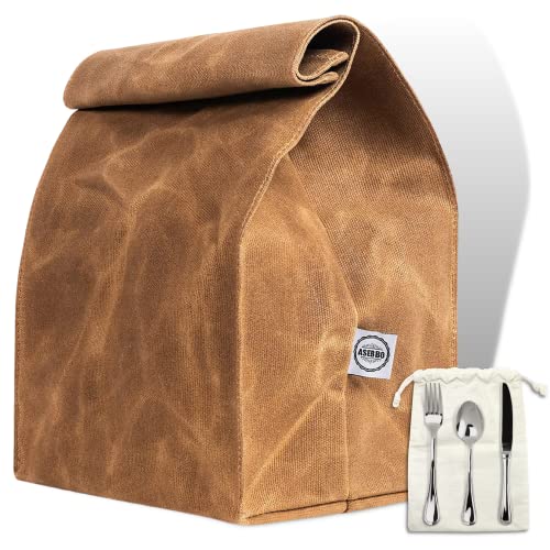 ASEBBO Waxed Canvas Lunch Bag - Reusable for Office Work Picnic Travel Snacks - Brown Paper Bag Large Lunch Box for Women, Men, Father's Day Gift Made of 16 Oz Double Stitched Waxed Canvas