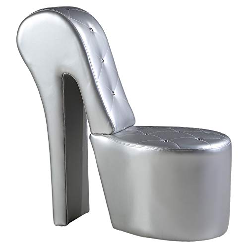 Best Master Furniture High Heel Faux Leather Shoe Chair with Crystal Studs, Silver