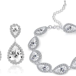 Paxuan Womens Teardrop White Champagne Crystal Wedding Bridal Jewelry Set Teardrop Pendant Necklace Drop Dangle Earrings Set (Silver Plated White Crystal Bracelet + Earrings)