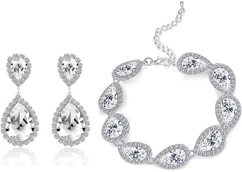 Paxuan Womens Teardrop White Champagne Crystal Wedding Bridal Jewelry Set Teardrop Pendant Necklace Drop Dangle Earrings Set (Silver Plated White Crystal Bracelet + Earrings)