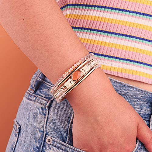 FANCY SHINY Leather Wrap Bracelets Crystal Beads Bracelet Boho Cuff Stone Charm Bracelets with Clasp Costume Jewelry for Women(Beige)