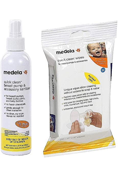 Medela Quick Clean Breast Pump Kit: Quick Clean Spray, Accessory Wipes - Bundle (Breast Pump Cleaning Supplies, medela Quick Clean Wipes)