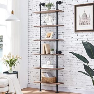 hombazaar industrial bookshelf 6-tier modern ladder shelf, vintage metal pipes and wood shelves, rustic display bookshelf for storage collection, oak brown