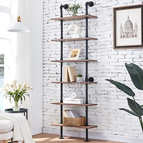 HOMBAZAAR Industrial Bookshelf 6-Tier Modern Ladder Shelf, Vintage Metal Pipes and Wood Shelves, Rustic Display Bookshelf for Storage Collection, Oak Brown