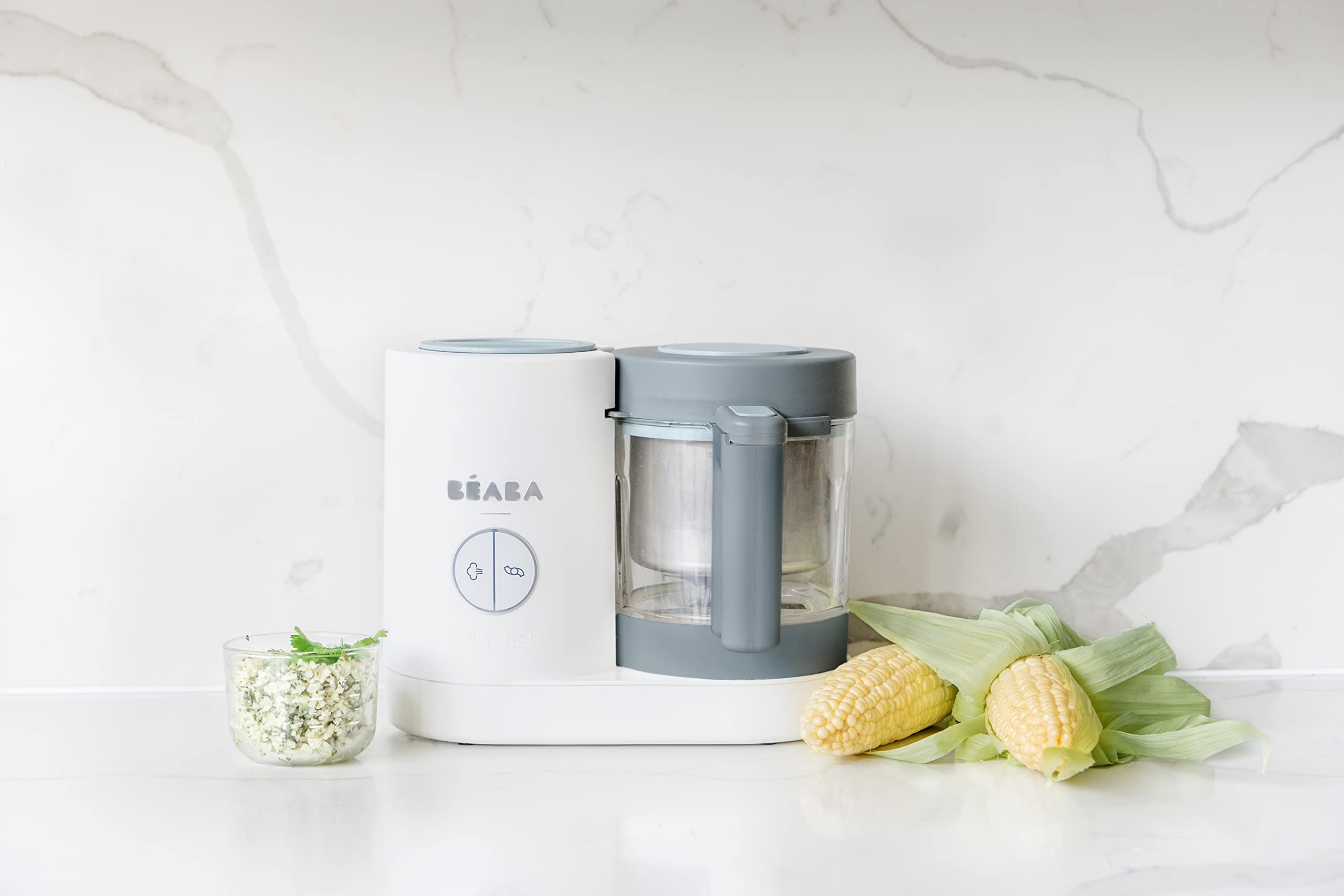 BEABA Babycook Neo, Glass Baby Food Maker, Glass 4 in 1 Steam Cooker & Blender, Comes with Stainless Steel Basket and Reservoir, Cook at Home, 5.5 Cup Capacity (Cloud)