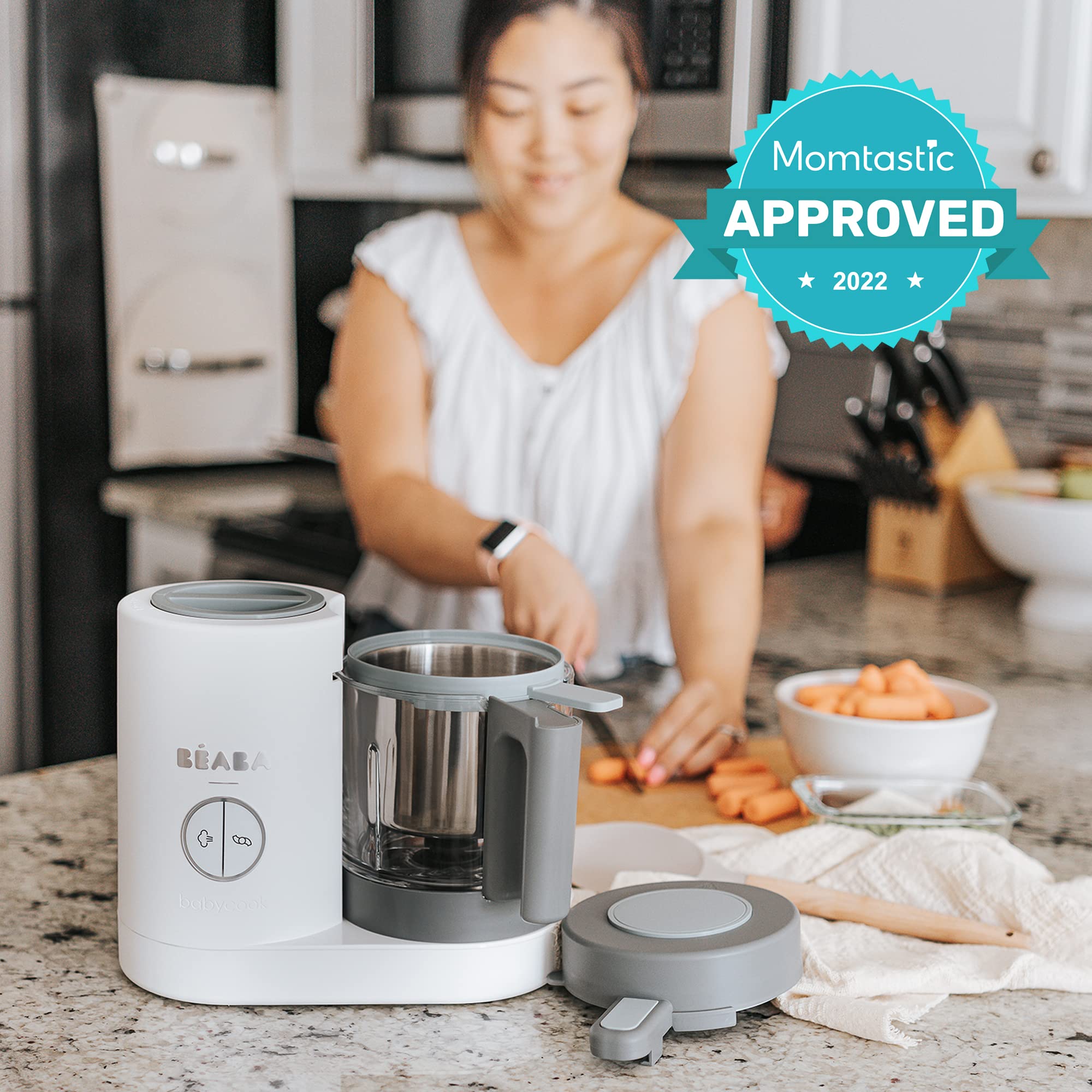 BEABA Babycook Neo, Glass Baby Food Maker, Glass 4 in 1 Steam Cooker & Blender, Comes with Stainless Steel Basket and Reservoir, Cook at Home, 5.5 Cup Capacity (Cloud)