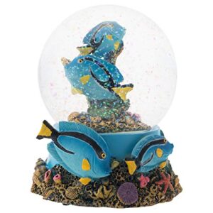 elanze designs royal blue tang fish 100mm musical snow globe plays tune wonderful world