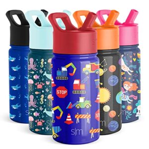 simple modern kids water bottle with straw lid | insulated stainless steel reusable tumbler for toddlers, boys | summit collection | 14oz, under construction