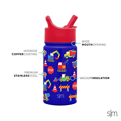 Simple Modern Kids Water Bottle with Straw Lid | Insulated Stainless Steel Reusable Tumbler for Toddlers, Boys | Summit Collection | 14oz, Under Construction