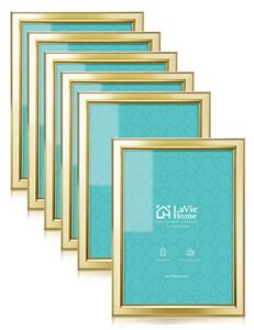 lavie home 5x7 picture frames (6 pack, gold) simple designed photo frames for wall mount display, set of 6 classic collection