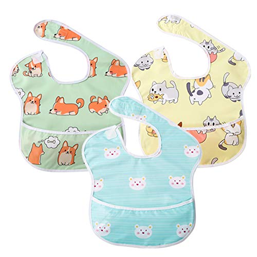 Little Dimsum 3 pack Baby Bibs Waterproof Bib Easy to Clean Feeding Bibs Weaning Bibs Adjustable Closed for Babies Toddlers with Large Pocket 6-36Months(Cat & Dog & Bear)