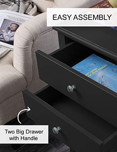 WOODEEM Black Nightstand with 2 Drawers for Bedrooms Tall 28", Big Wooden Side Tables for Kids Room, Large Modern End Table for Living Room