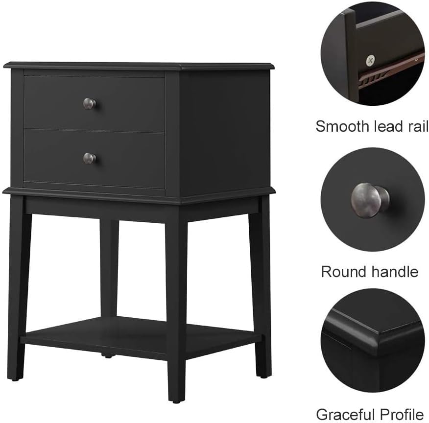 WOODEEM Black Nightstand with 2 Drawers for Bedrooms Tall 28", Big Wooden Side Tables for Kids Room, Large Modern End Table for Living Room