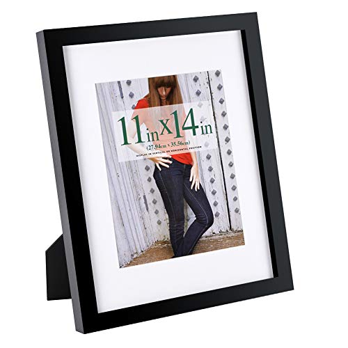 RPJC 11x14 inch Picture Frame Made of Solid Wood and High Definition Glass Display Pictures 8x10 with Mat or 11x14 Without Mat for Table Top Display and Wall Mounting Photo Frame with Stand Black