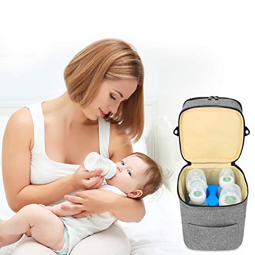 LUXJA Double-layer Breastmilk Cooler Bag (Fits 4 Bottles, Up to 9 Ounce), Breastmilk Cooler for Breastmilk Bottles and Accessories (Bag Only), Gray