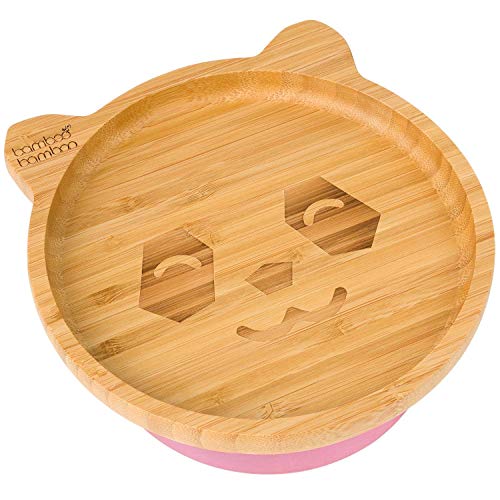 Bamboo Baby Plate with Suction - Kids and Toddler Suction Cup Plate for Babies, Non-toxic All-Natural Bamboo Baby Food Plate Stays Cool to the Touch for Baby-Led Weaning (Panda-Pink)