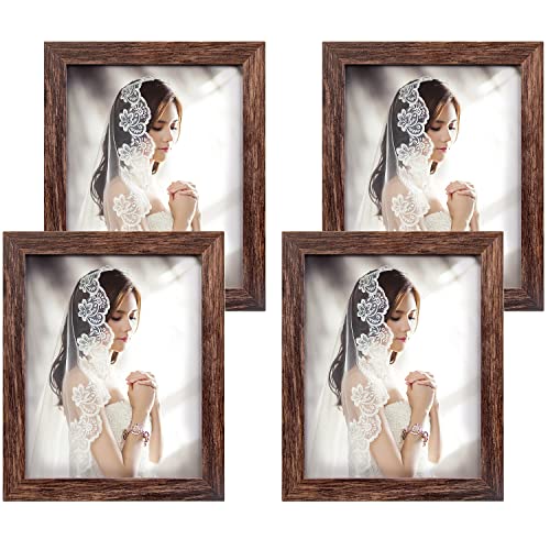 Q.Hou 8x10 Picture Frame Wood Patten Rustic Brown Photo Frames Packs 4 with High Difinition Glass for Tabletop or Wall Decor (QH-PF8X10-BR)