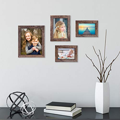 Q.Hou 8x10 Picture Frame Wood Patten Rustic Brown Photo Frames Packs 4 with High Difinition Glass for Tabletop or Wall Decor (QH-PF8X10-BR)