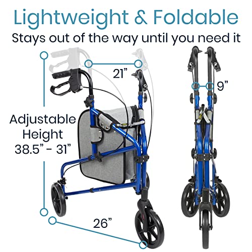 Vive Mobility 3 Wheel Walker - Three Wheeled Rollator for Seniors - Lightweight, Foldable, Narrow, Heavy Duty - for Elderly Men Women - Folding 3-Wheel Tri Scooter with Basket Bag (FSA HSA Approved)