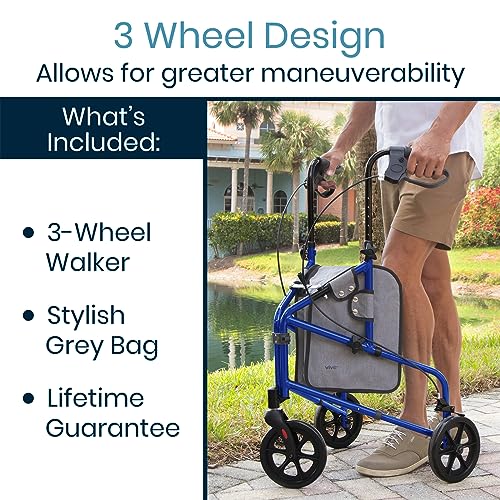 Vive Mobility 3 Wheel Walker - Three Wheeled Rollator for Seniors - Lightweight, Foldable, Narrow, Heavy Duty - for Elderly Men Women - Folding 3-Wheel Tri Scooter with Basket Bag (FSA HSA Approved)