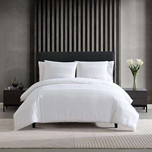 Vera Wang - King Duvet Cover Set, Luxury Cotton Bedding with Matching Shams, All Season Home Decor (Waffle Stripe White, King)