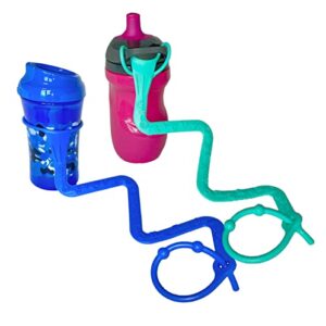 brilli baby sippy cup catcher - 2-pack - bungee tether for bottle or toy - pacifier holder strap to attach to your stroller - leash to secure cups to high chairs -springy cord for car seat aqua & navy