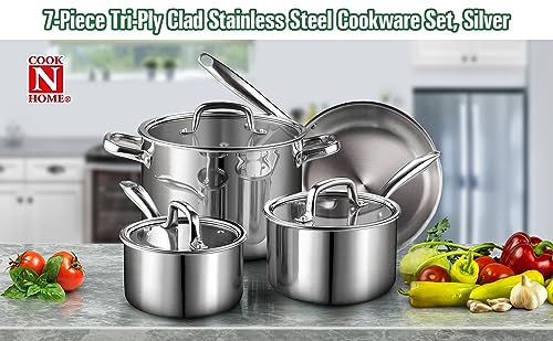 Cook N Home 7-Piece Tri-Ply Clad Stainless Steel Cookware Set, Silver,2644