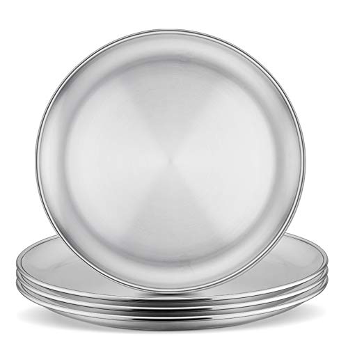 E-far Stainless Steel Plates Set of 4, 8-inch Metal Dinner Plates for Kids Toddlers, Great for Self-feeding/Picnic/Outdoor Camping, Healthy & Non-toxic, Shatterproof & Dishwasher Safe