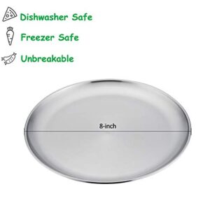 E-far Stainless Steel Plates Set of 4, 8-inch Metal Dinner Plates for Kids Toddlers, Great for Self-feeding/Picnic/Outdoor Camping, Healthy & Non-toxic, Shatterproof & Dishwasher Safe