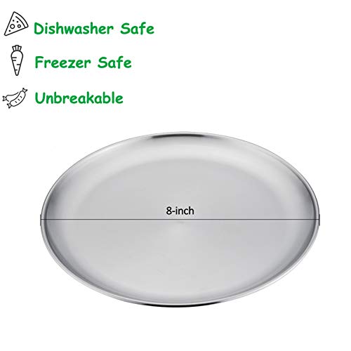 E-far Stainless Steel Plates Set of 4, 8-inch Metal Dinner Plates for Kids Toddlers, Great for Self-feeding/Picnic/Outdoor Camping, Healthy & Non-toxic, Shatterproof & Dishwasher Safe