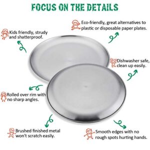 E-far Stainless Steel Plates Set of 4, 8-inch Metal Dinner Plates for Kids Toddlers, Great for Self-feeding/Picnic/Outdoor Camping, Healthy & Non-toxic, Shatterproof & Dishwasher Safe