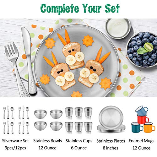 E-far Stainless Steel Plates Set of 4, 8-inch Metal Dinner Plates for Kids Toddlers, Great for Self-feeding/Picnic/Outdoor Camping, Healthy & Non-toxic, Shatterproof & Dishwasher Safe