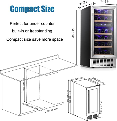 Antarctic Star 15" Wine Cooler Under Counter Beverage Refrigerator Beer Mini Fridge 28 Bottles Dual Zone Built-in Freestanding Stainless Steel Double-Layer Tempered Glass Door