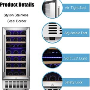 Antarctic Star 15" Wine Cooler Under Counter Beverage Refrigerator Beer Mini Fridge 28 Bottles Dual Zone Built-in Freestanding Stainless Steel Double-Layer Tempered Glass Door