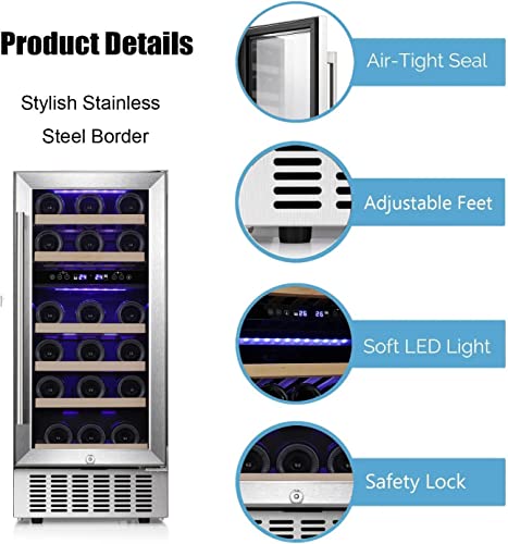 Antarctic Star 15" Wine Cooler Under Counter Beverage Refrigerator Beer Mini Fridge 28 Bottles Dual Zone Built-in Freestanding Stainless Steel Double-Layer Tempered Glass Door