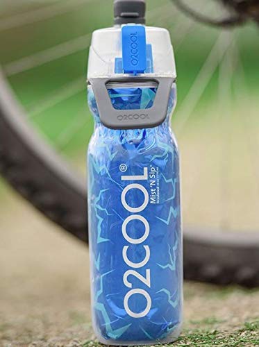 O2COOL Arctic Squeeze Mist 'N Sip Insulated Bottle w/Silicone Spout Cover and Locking Misting Function - 20 oz, Crackle Blue