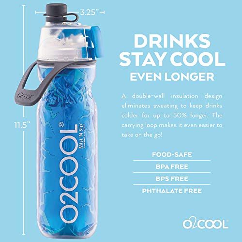 O2COOL Arctic Squeeze Mist 'N Sip Insulated Bottle w/Silicone Spout Cover and Locking Misting Function - 20 oz, Crackle Blue