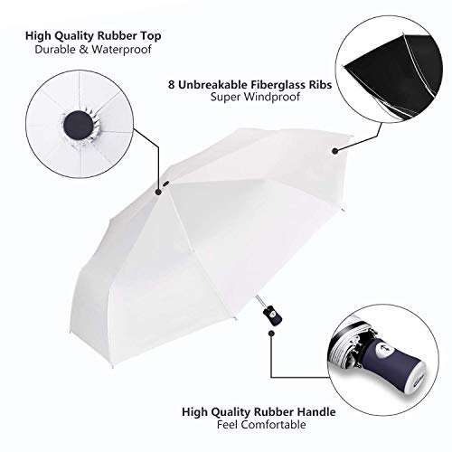 Cuby UV Sun Umbrella Compact Folding Travel Umbrella Auto Open and Close for Windproof, Rainproof & 99.98% UV Protection Parasol with Black Anti-UV Coating (White)