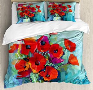 ambesonne impressionist duvet cover set, floral painting colorful bouquet of poppy flowers in vase, decorative 3 piece bedding set with 2 pillow shams, king size, red teal