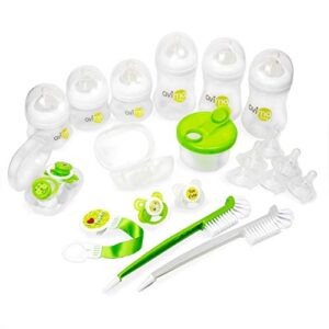 avima newborn baby bottle starter set. anti-colic wide neck bottles with slow and medium flow nipples. 22 piece set