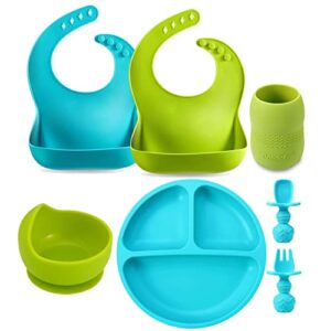 pandaear baby toddlers infants feeding set |adjustable silicone bibs | divided silicone baby plate| tiny training cup| suction bowls| soft spoon forks| self feeding baby utensils