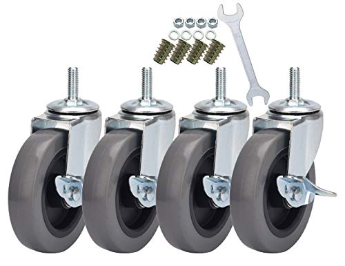 DICASAL Stem Casters with Imperial 3/8-16x25mm Stem Thread Heavy Duty and Highly-Elastic TPR Wheels Mute Castors with Side Brakes Pack of 4 (4 Inch)