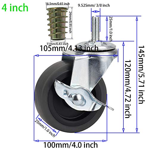 DICASAL Stem Casters with Imperial 3/8-16x25mm Stem Thread Heavy Duty and Highly-Elastic TPR Wheels Mute Castors with Side Brakes Pack of 4 (4 Inch)